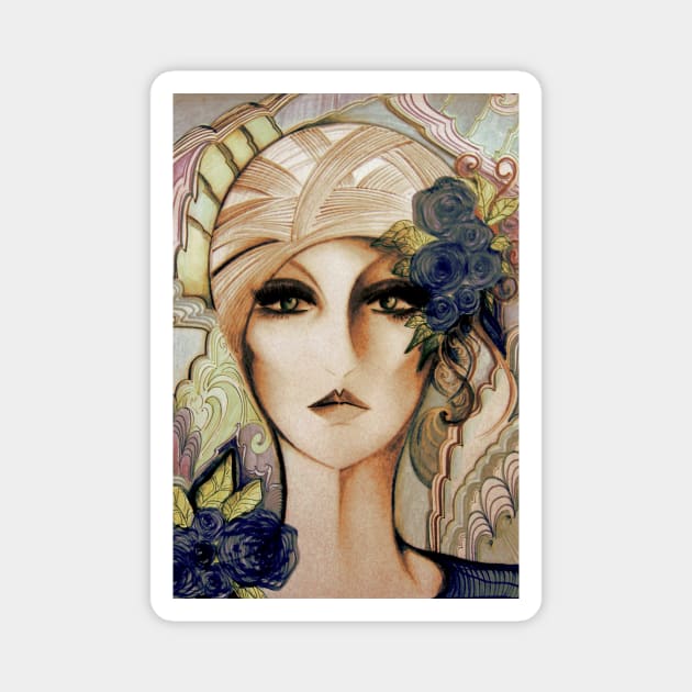 70S ART DECO DOLLY IN TURBAN , MUTED SHADES FLOWERS - Nouveau - Magnet | TeePublic