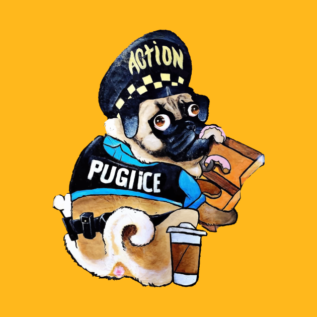 Cute police pug eating pink donuts - Pug - T-Shirt | TeePublic