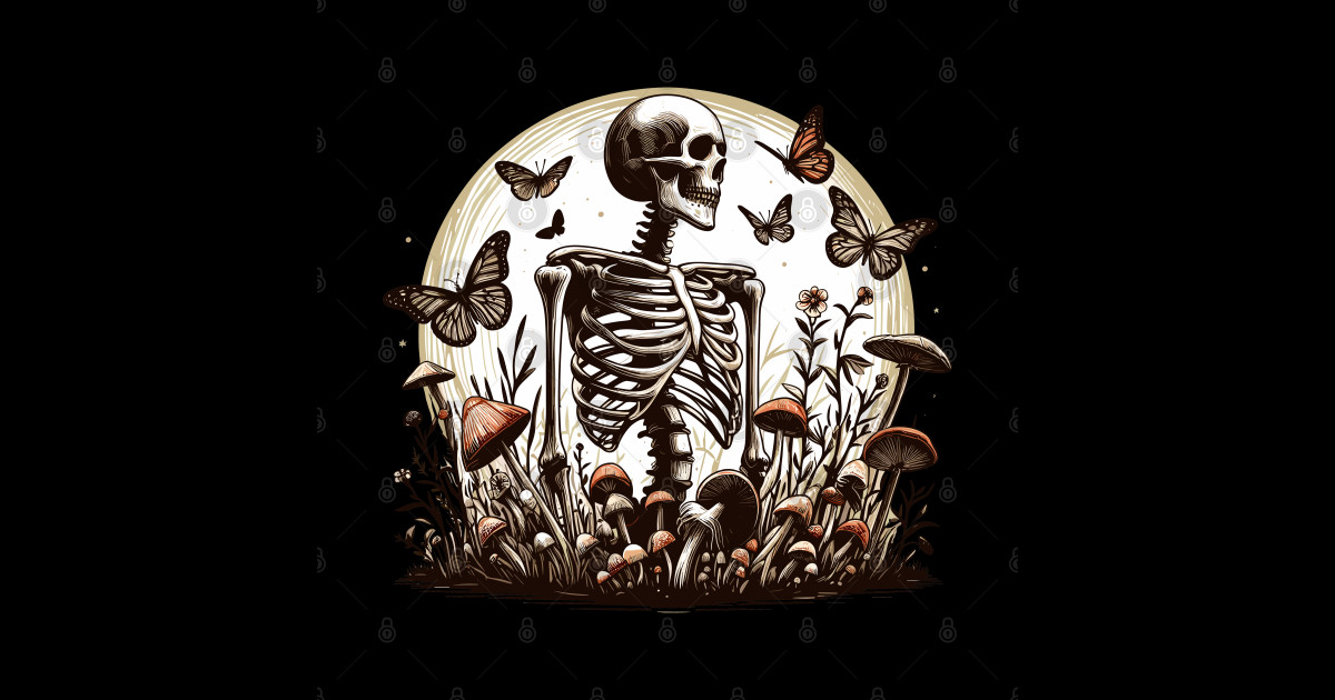 Botany mushroom skeleton and butterflies - Skeleton - Sticker | TeePublic