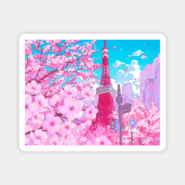 Tokyo Tower and pink cherry blossom - Tokyo - Magnet | TeePublic