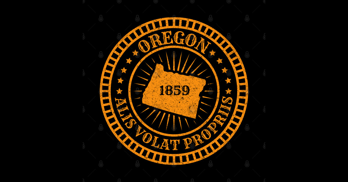 Oregon - State Slogan Motto Map Badge - Alis Volat Propriis Beaver ...