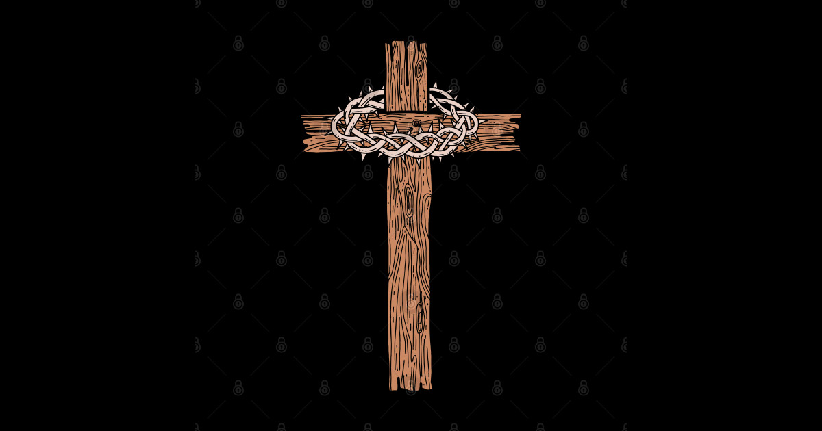 A wooden cross with a crown of thorns - Wooden Cross - Sticker | TeePublic