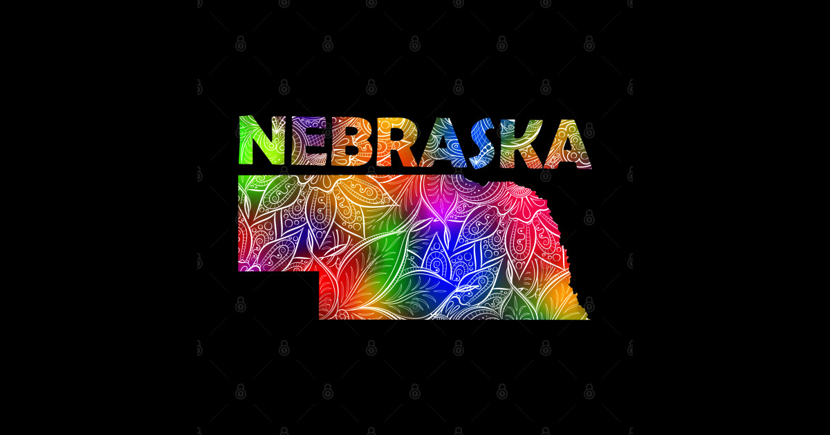 Colorful mandala art map of Nebraska with text in multicolor pattern ...