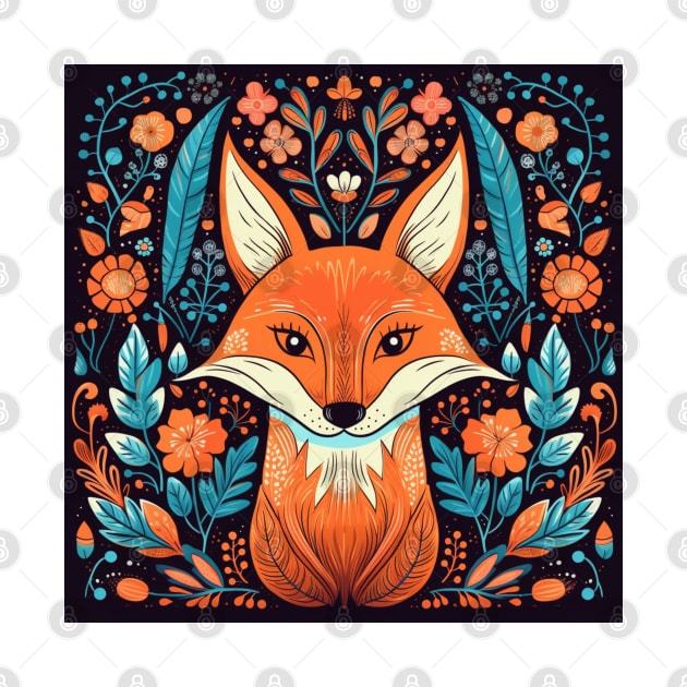 Folk Art Fox with Flower Pattern Background - Fox - T-Shirt | TeePublic