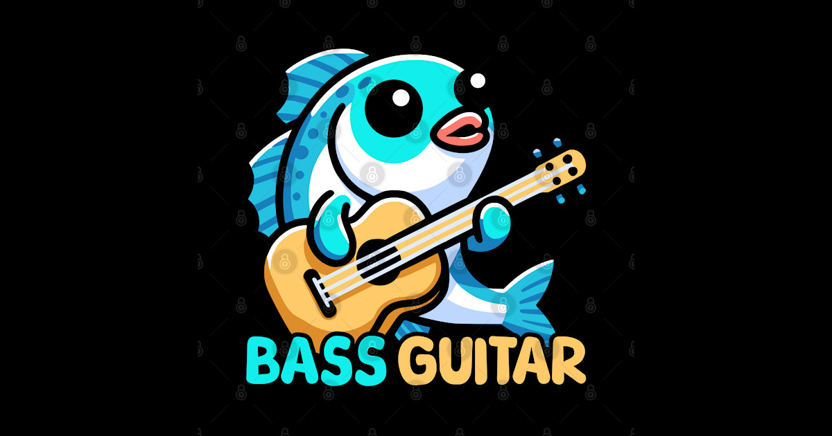 Bass Guitar! Cute Musical Fish Pun Cartoon - Funny Guitar - Sticker ...