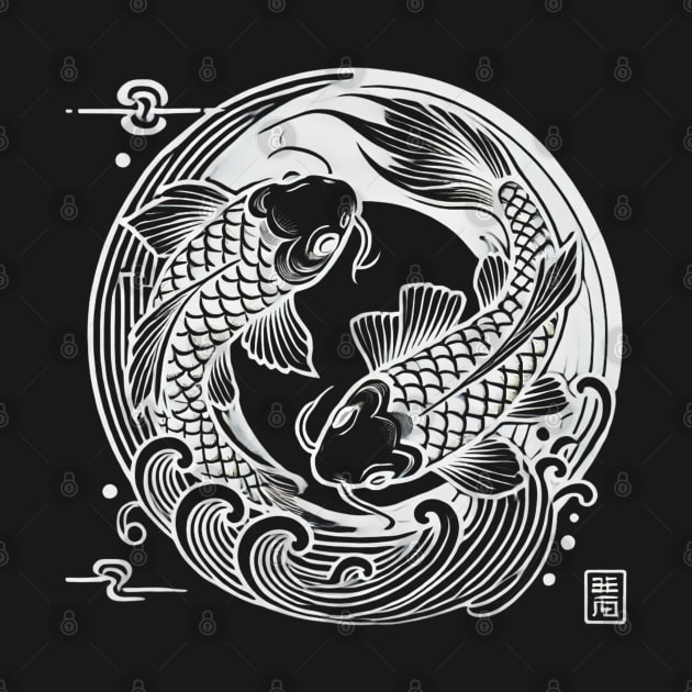Koi Current – Japanese Linework Yin-Yang Fish Design - Koi Carp - T ...
