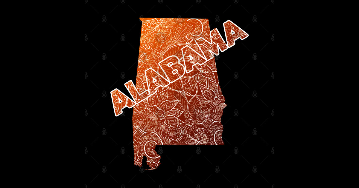 Colorful mandala art map of Alabama with text in brown and orange ...
