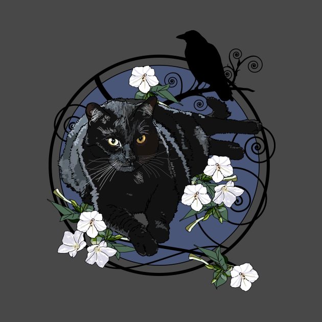 Black Cat with Raven - Cats - T-Shirt | TeePublic