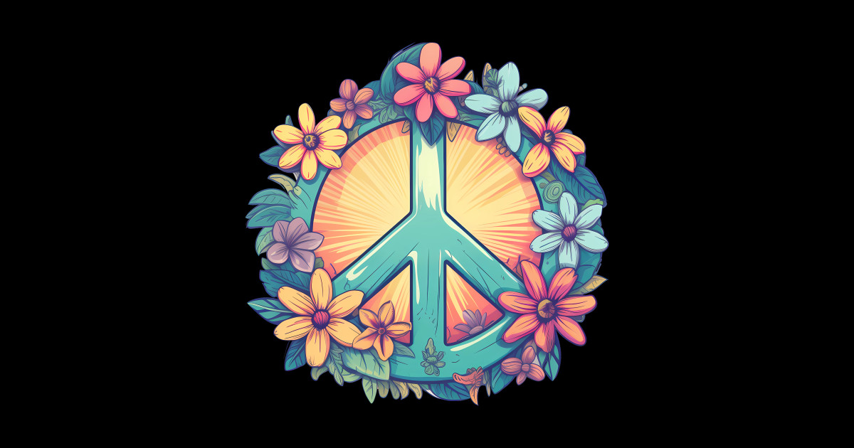 Groovy retro peace sign with pastel flowers - Peace - Sticker | TeePublic