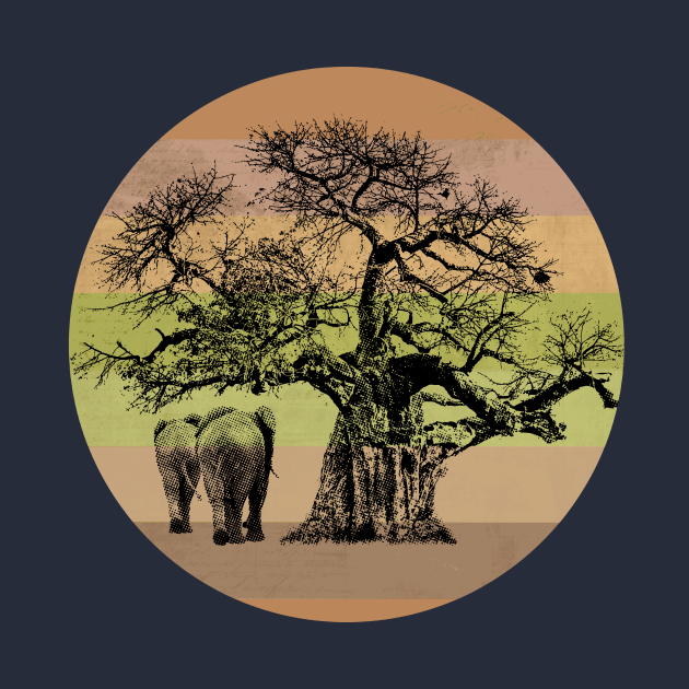 Baobab Tree and Elephants on Retro-style Sunset in Africa Colors ...