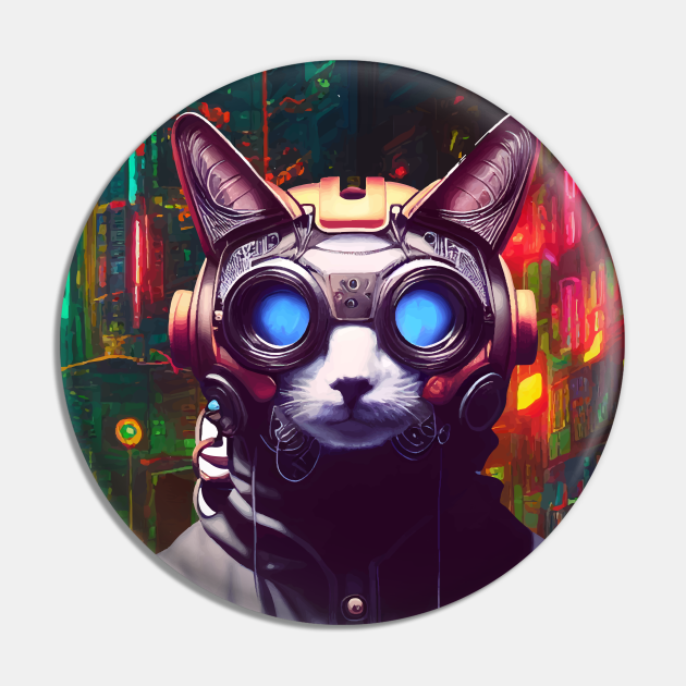 Techno Cat In Japan Neon City - Techno Cat - Pin | TeePublic