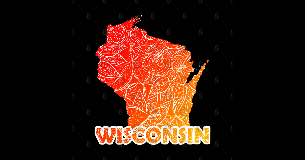 Colorful mandala art map of Wisconsin with text in red and orange ...