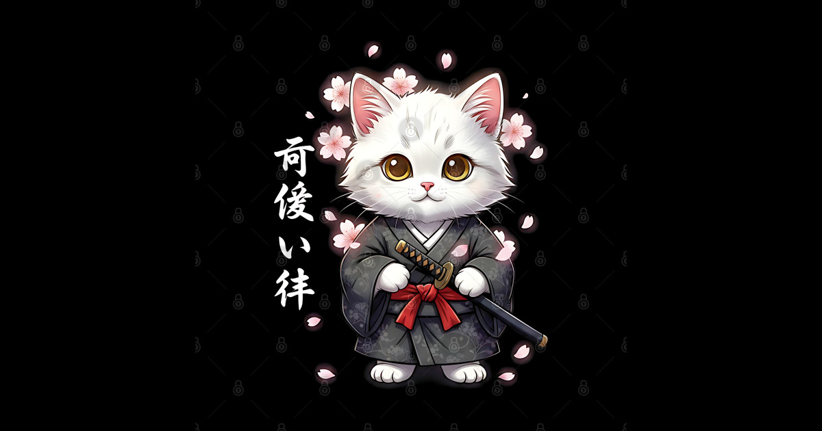 Classic Cute Kawaii Baby Samurai Cat - Cute Japanese Sakura - Cat ...