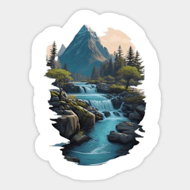 Lovely scenery - Mountains Rivers Trees Scenery - Sticker | TeePublic