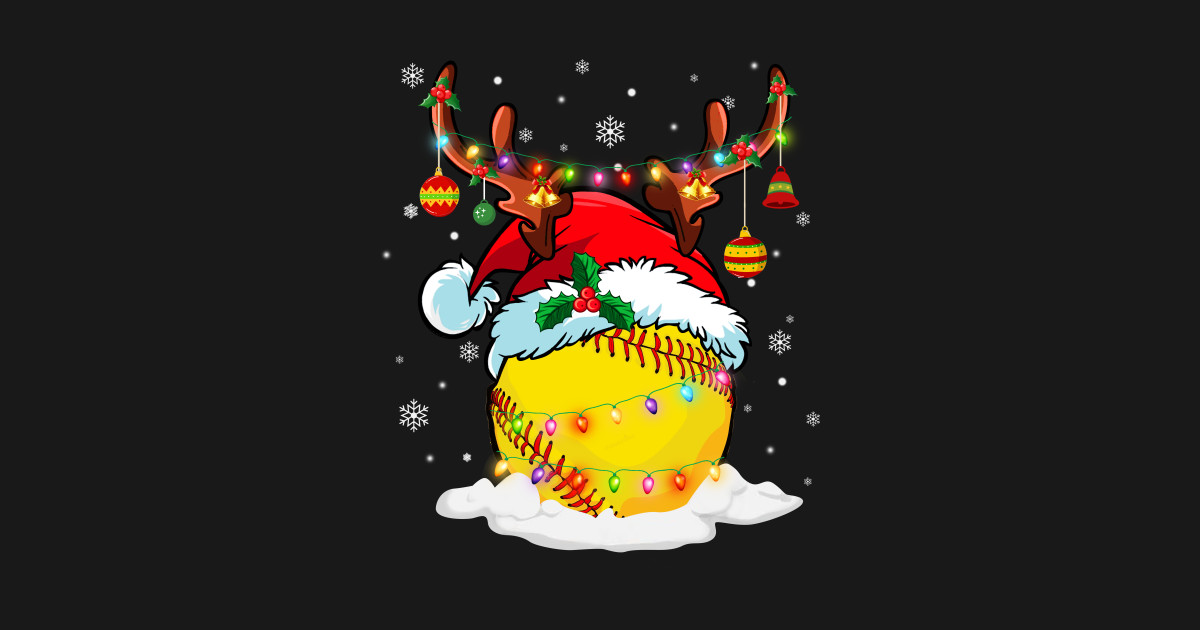 Reindeer Santa Hat Softball Christmas Lights Xmas - Softball - T-Shirt ...