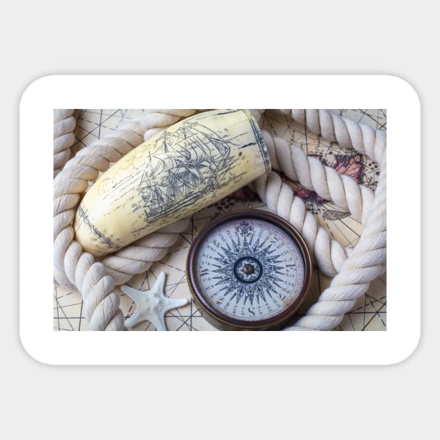 Scrimshaw Ship And Compass - Scrimshaw - Sticker | TeePublic