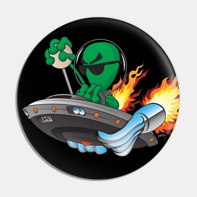 UFO Alien Hot Rod Cartoon Illustration - Ufo - Pin | TeePublic