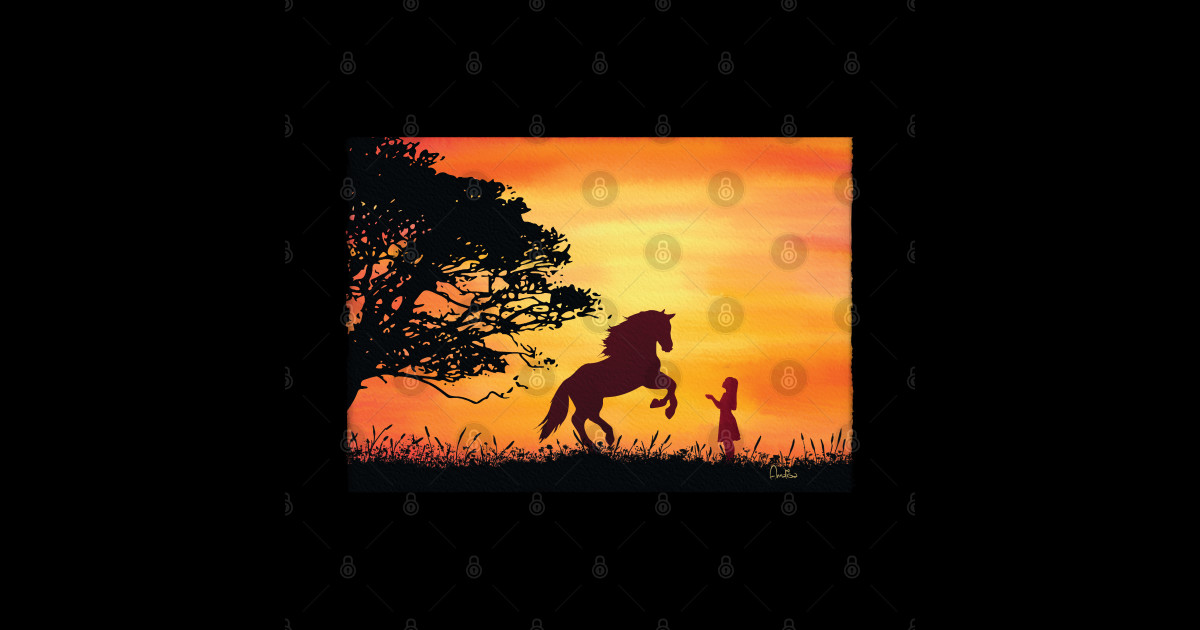 The horse and the girl artwork by Annalisa Amato - Sunset - Sticker ...