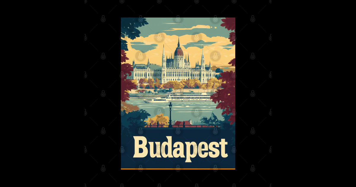 This travel poster captures Budapests iconic Parliament building ...