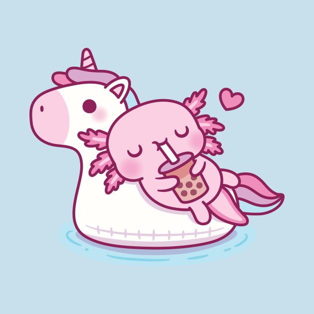 Cute Axolotl Chilling On Unicorn Pool Float Drinking Bubble Tea - Cute ...