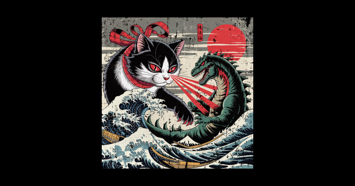 Japanese Catzilla vs Kaiju Monster Retro Art - Japanese Catzilla Vs ...