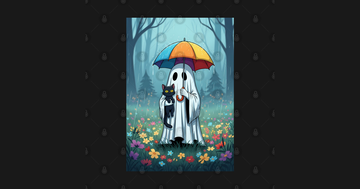 Cute Ghost with Umbrella and Black Cat in Rain - Ghost With Cat - T ...