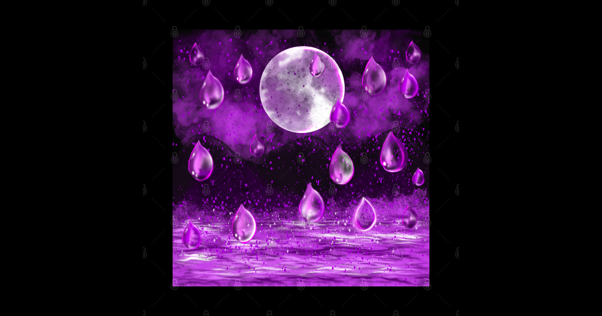 Full moon in the rain, purple midnight landscape with raindrops falling ...