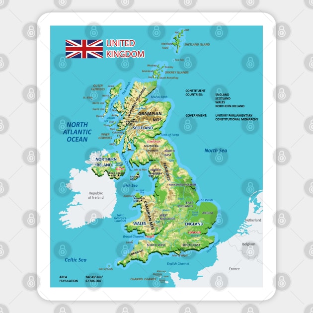Physical map of England - Great Britain Map - Sticker | TeePublic