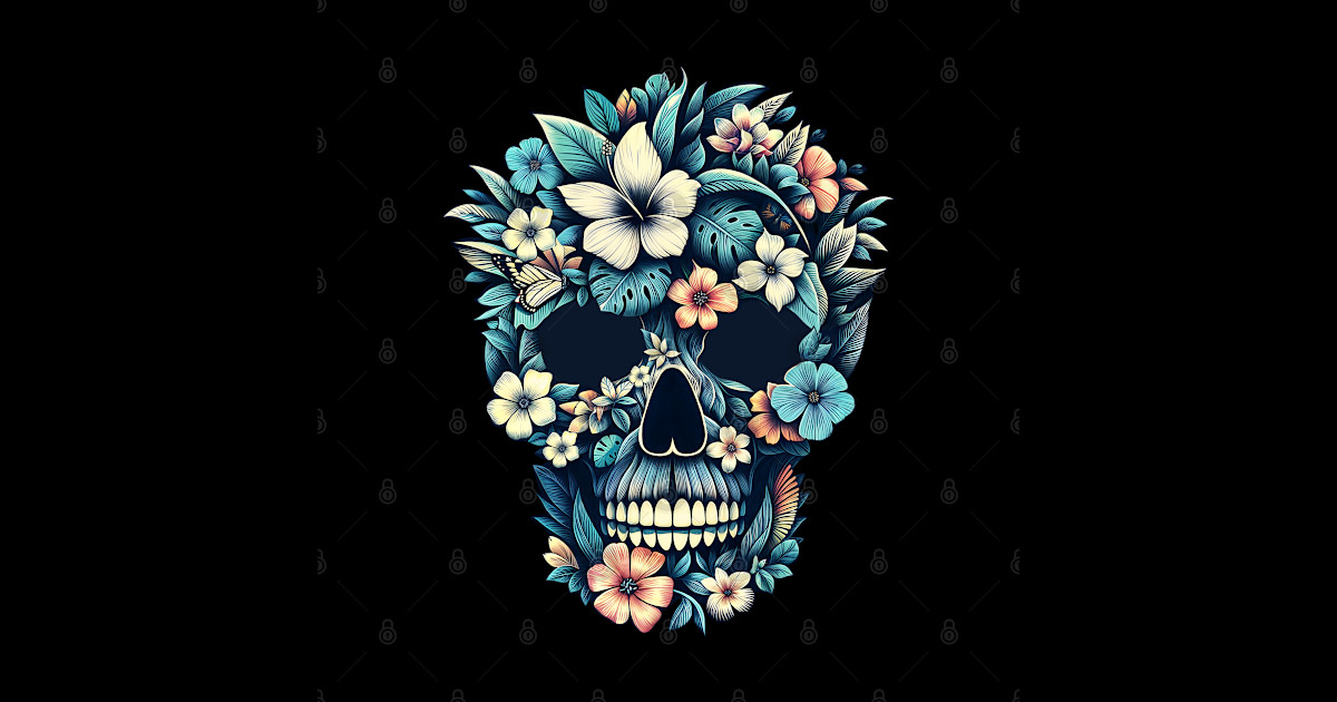 Tropical Skull, skull art, tropical floral, cool beach, leaves, flowers, butterflies, life and ...