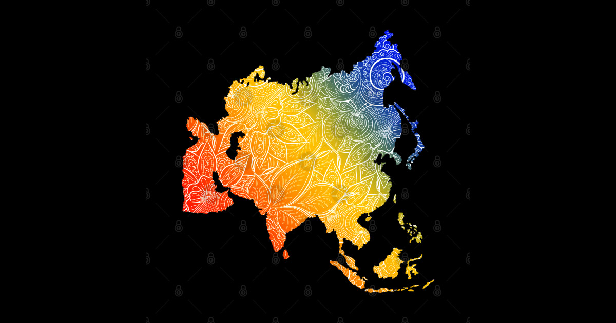 Colorful mandala art map of Asia with text in blue, yellow, and red ...