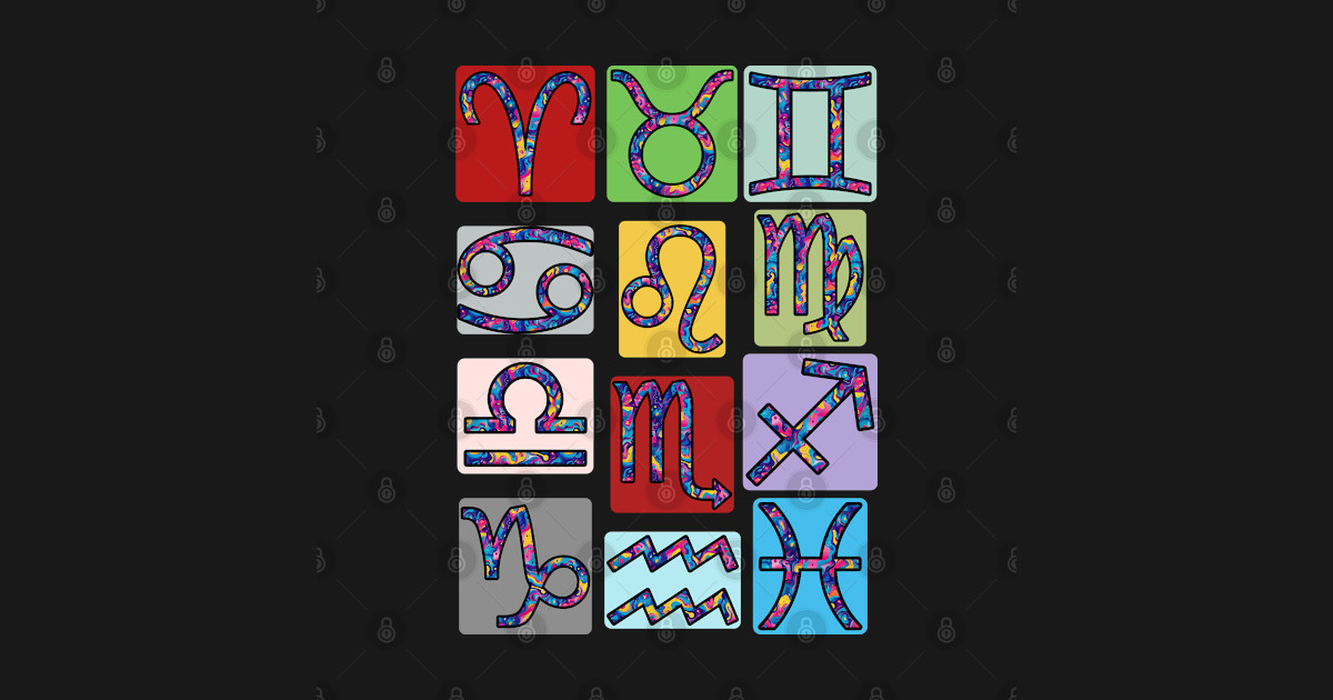 All Zodiac Sign Symbols in Colored Squares - Zodiac Symbols - T-Shirt ...