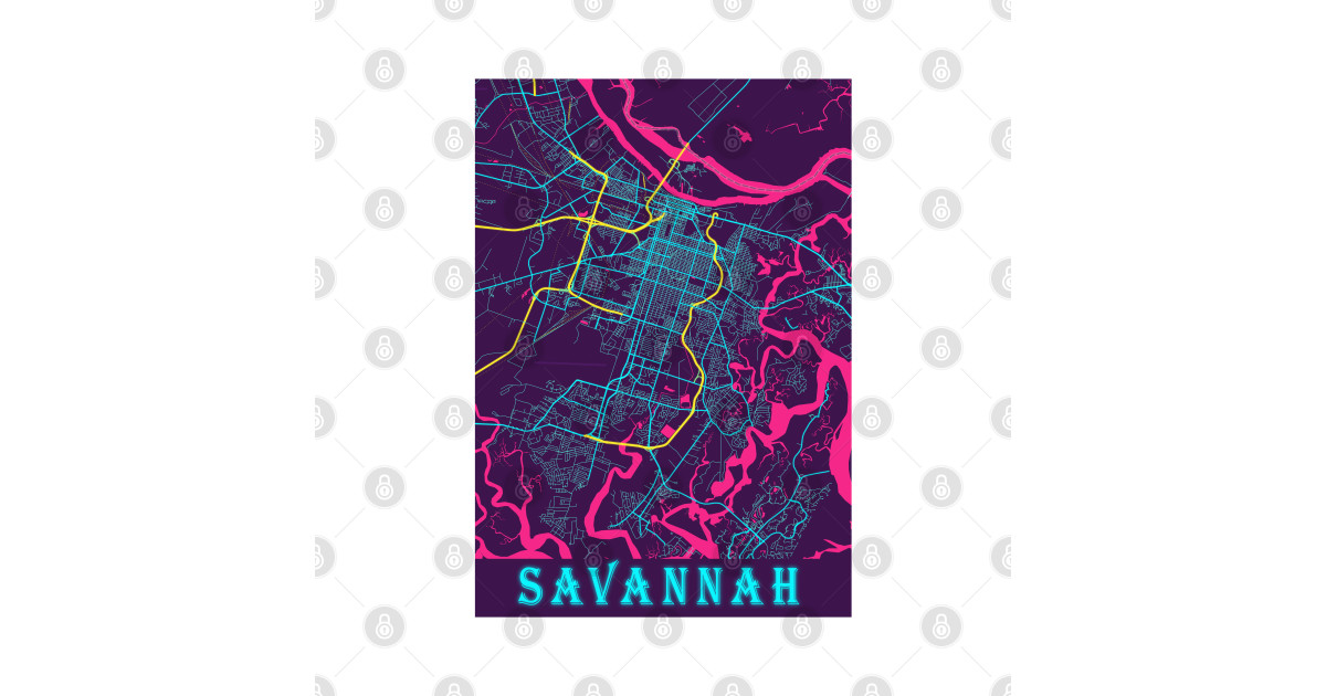 Savannah Neon City Map, Savannah Minimalist City Map Art Print ...