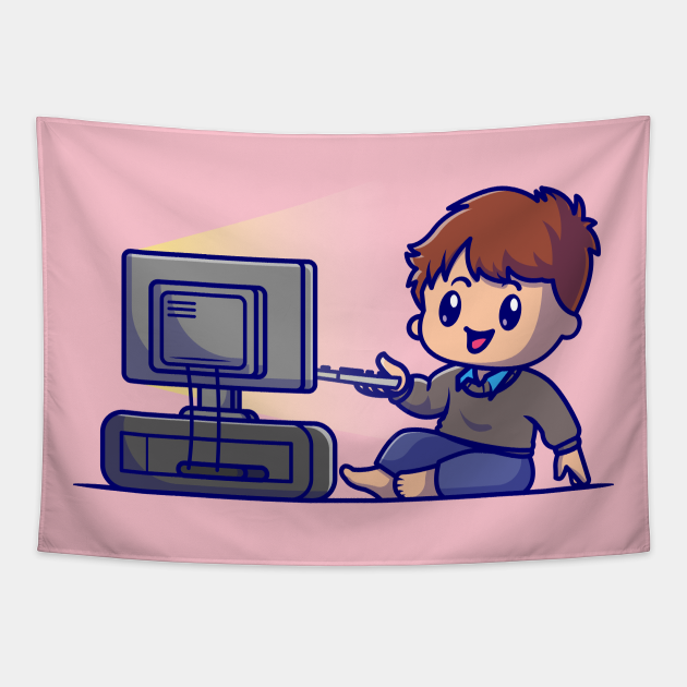 Cute Boy Watching Tv Cartoon - Cute Boy Watching Tv Cartoon - Tapestry ...