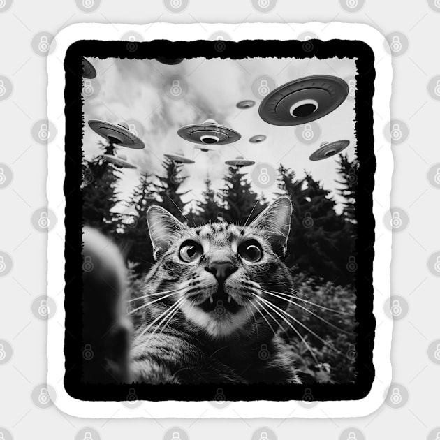 Invasion Meme Retro Alien Cat UFO Selfie - Cat Ufos - Sticker | TeePublic