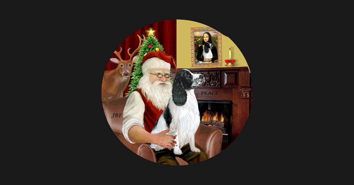 Santa at Home with His Springer Spaniel (black-white) - Santa - T-Shirt ...