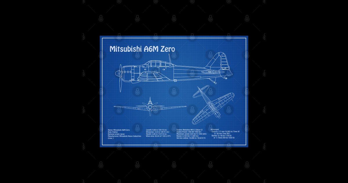 Mitsubishi A6M Zero Airplane Blueprint - AD - A6m Zero - Sticker ...