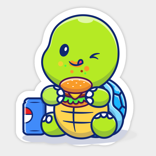 Cute Turtle Eating Burger And Soft Drink - Turtle - Sticker | TeePublic