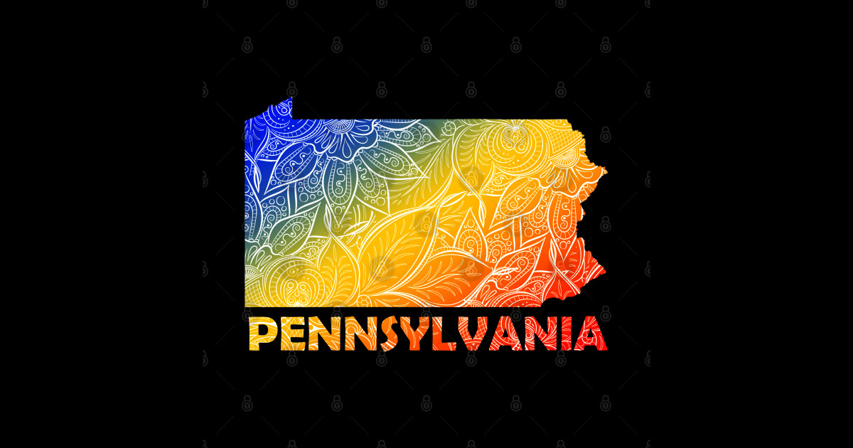 Colorful mandala art map of Pennsylvania with text in blue, yellow, and ...