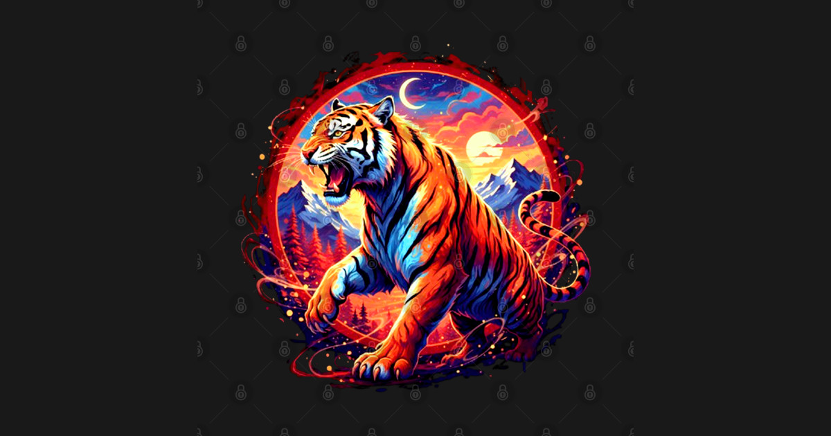 Neon Tiger Fantasy Sunset Mountain Wildlife Art - Tiger - T-Shirt ...