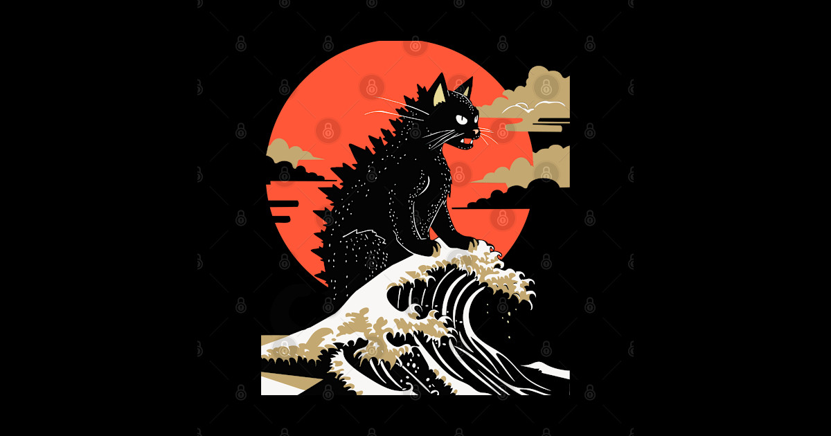 Retro Catzilla Riding the Great Wave of Kanagawa - Great Wave Of ...