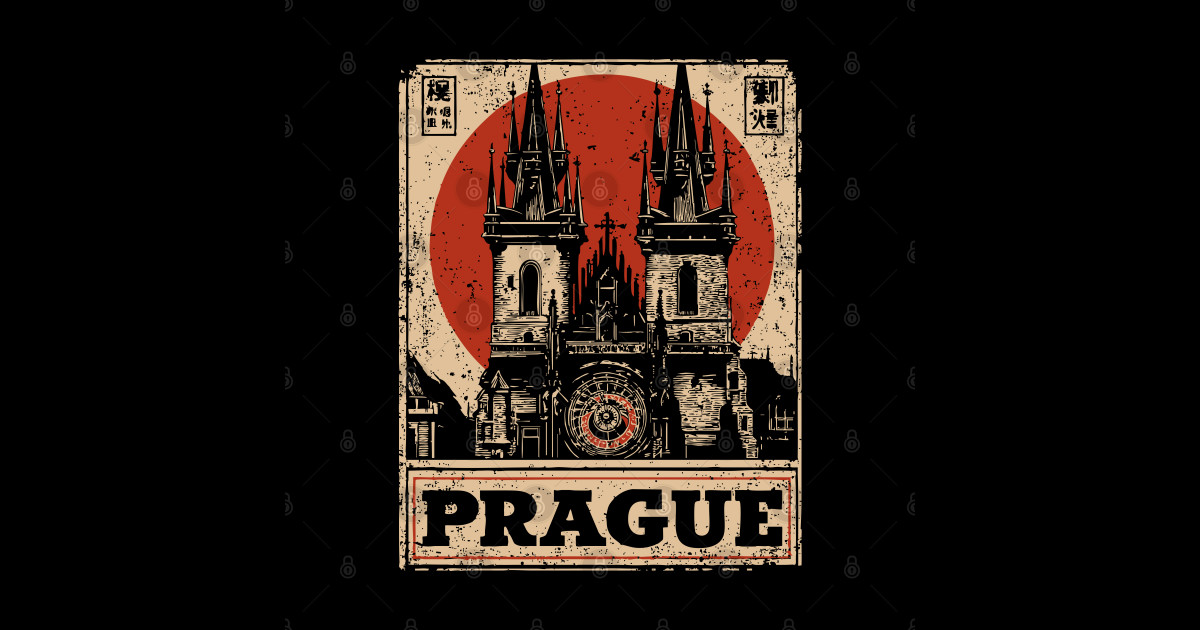 Prague Astronomical Clock - Vintage Japanese-Style Czech Travel Art ...