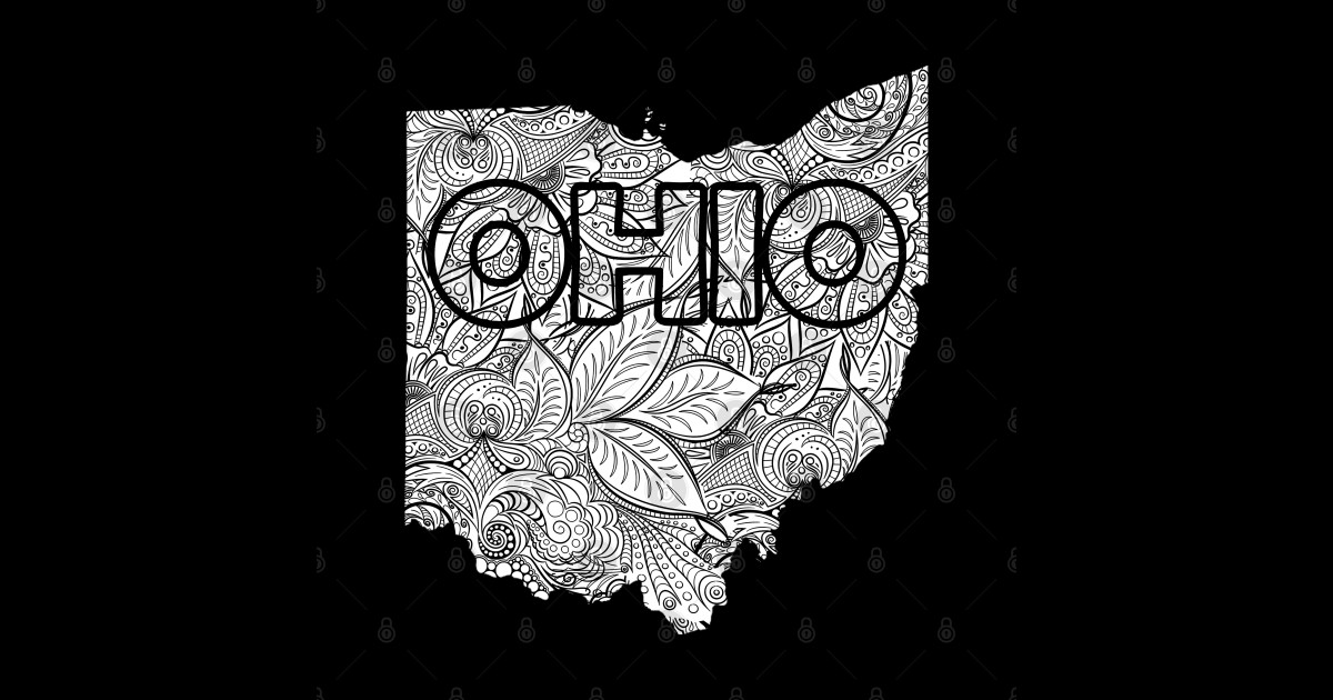 Mandala art map of Ohio with text in white - Ohio - Sticker | TeePublic