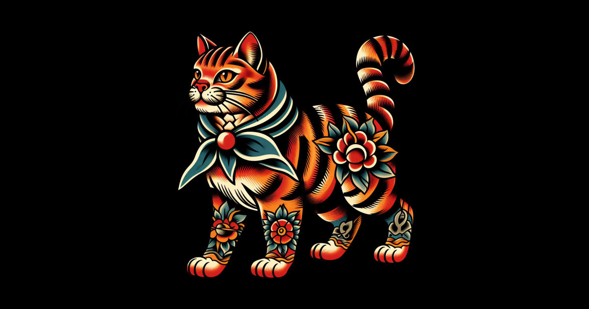 Traditional american cat tattoo - Cat Tattoo - Sticker | TeePublic