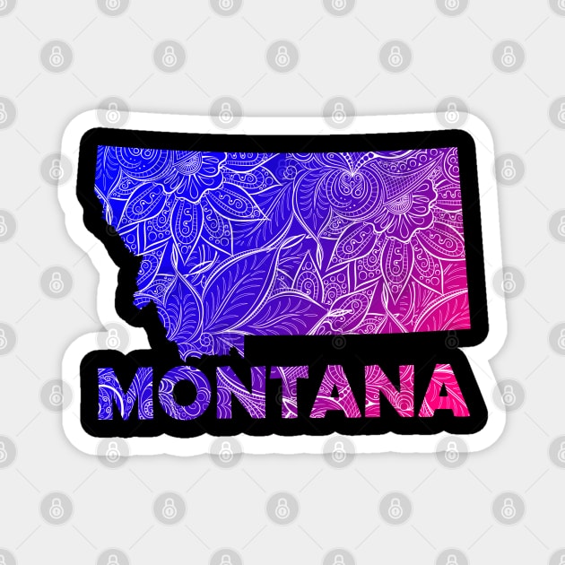 Colorful mandala art map of Montana with text in blue and violet ...