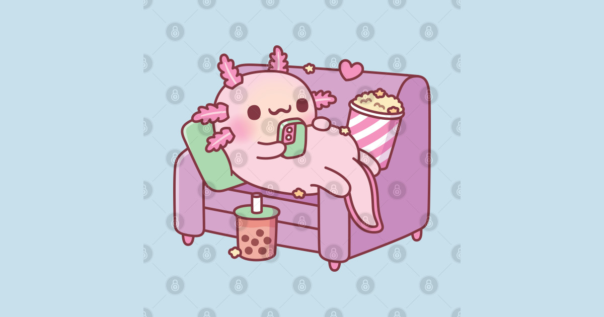 Cute Axolotl Chilling With Handphone Bubble Tea And Popcorn - Cute ...