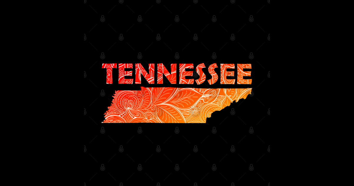 Colorful mandala art map of Tennessee with text in red and orange ...