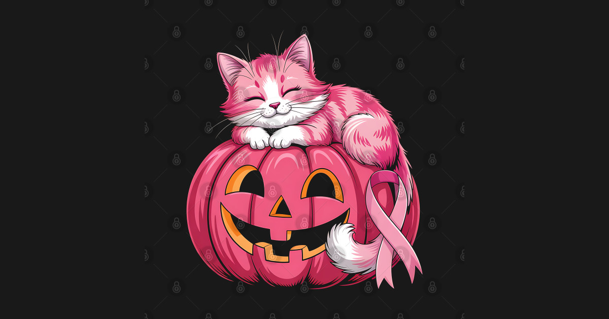 Cute Pink Cat Hugging Pumpkin Breast Cancer Awareness Kitten - Breast ...