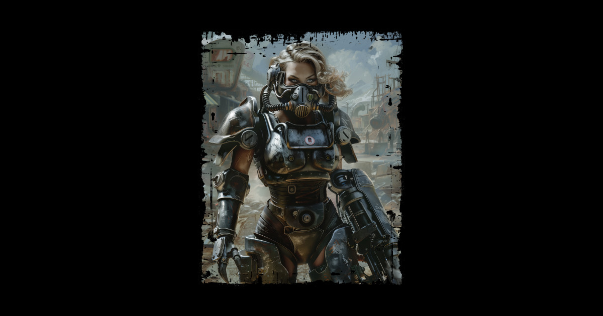 Woman in Power Armor Mask and Minigun - Fallout - Sticker | TeePublic