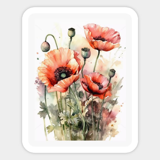 Watercolor flowers poppies - Watercolor Flowers Painting - Sticker ...