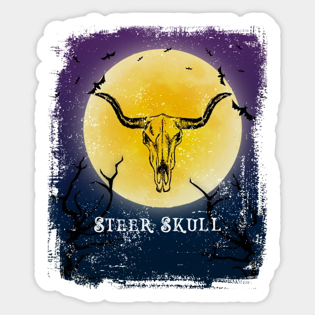 Steer Skull Halloween Vintage Design Full Moon - Animals - Sticker ...